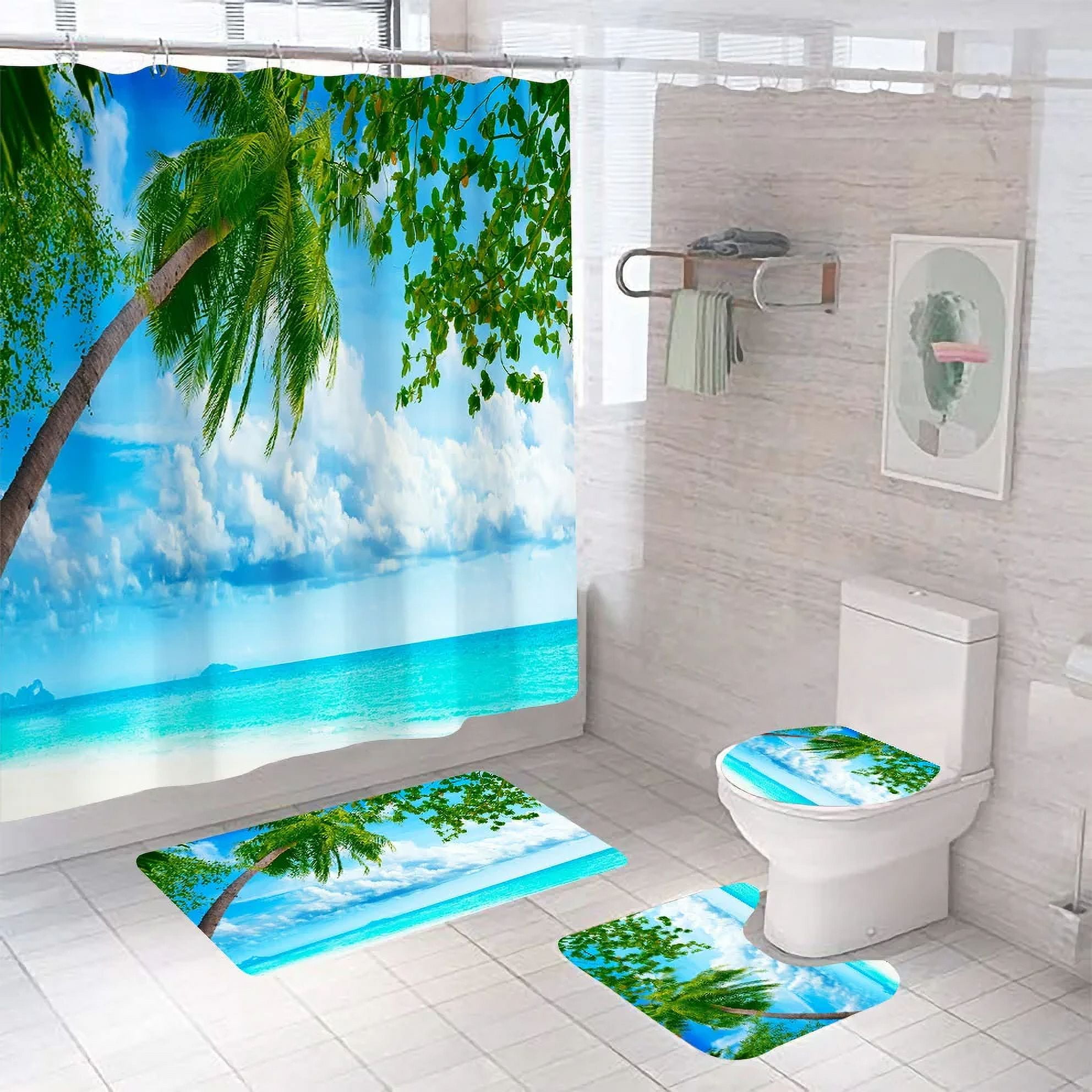 3D Seascape Beach Theme Shower Curtain Sets Toilet Cover Bath Mat ...