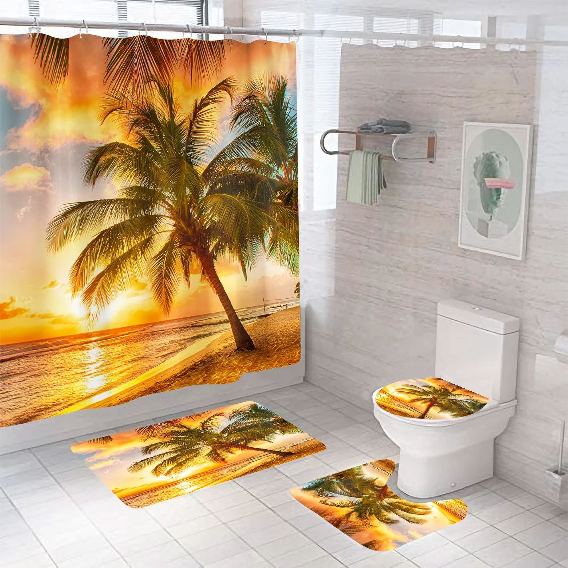 3D Seascape Beach Theme Shower Curtain Sets Toilet Cover Bath Mat ...