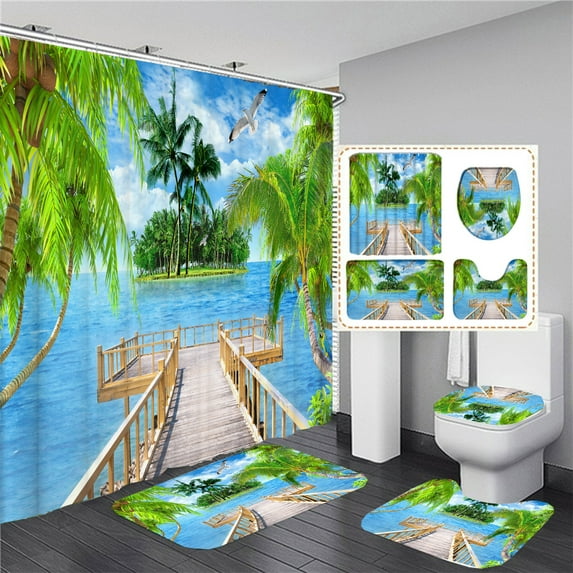 3D Seaside Beach Landscape Toilet Cover Bath Mat Sets Coconut Tree ...