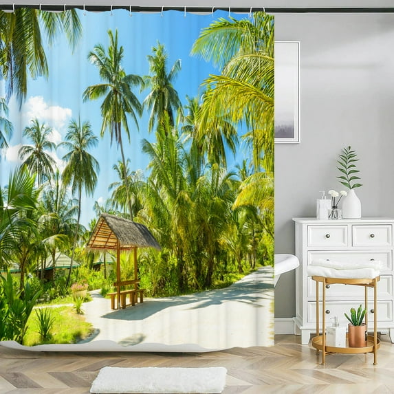 3D Seaside Beach Landscape Toilet Cover Bath Mat Sets Coconut Tree ...