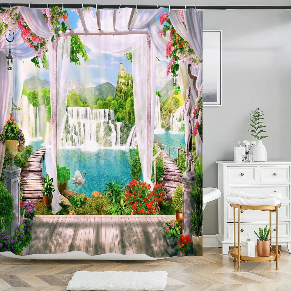 3D Seaside Beach Toilet Cover Bath Mat Sets Waterfall Flower Scenery ...