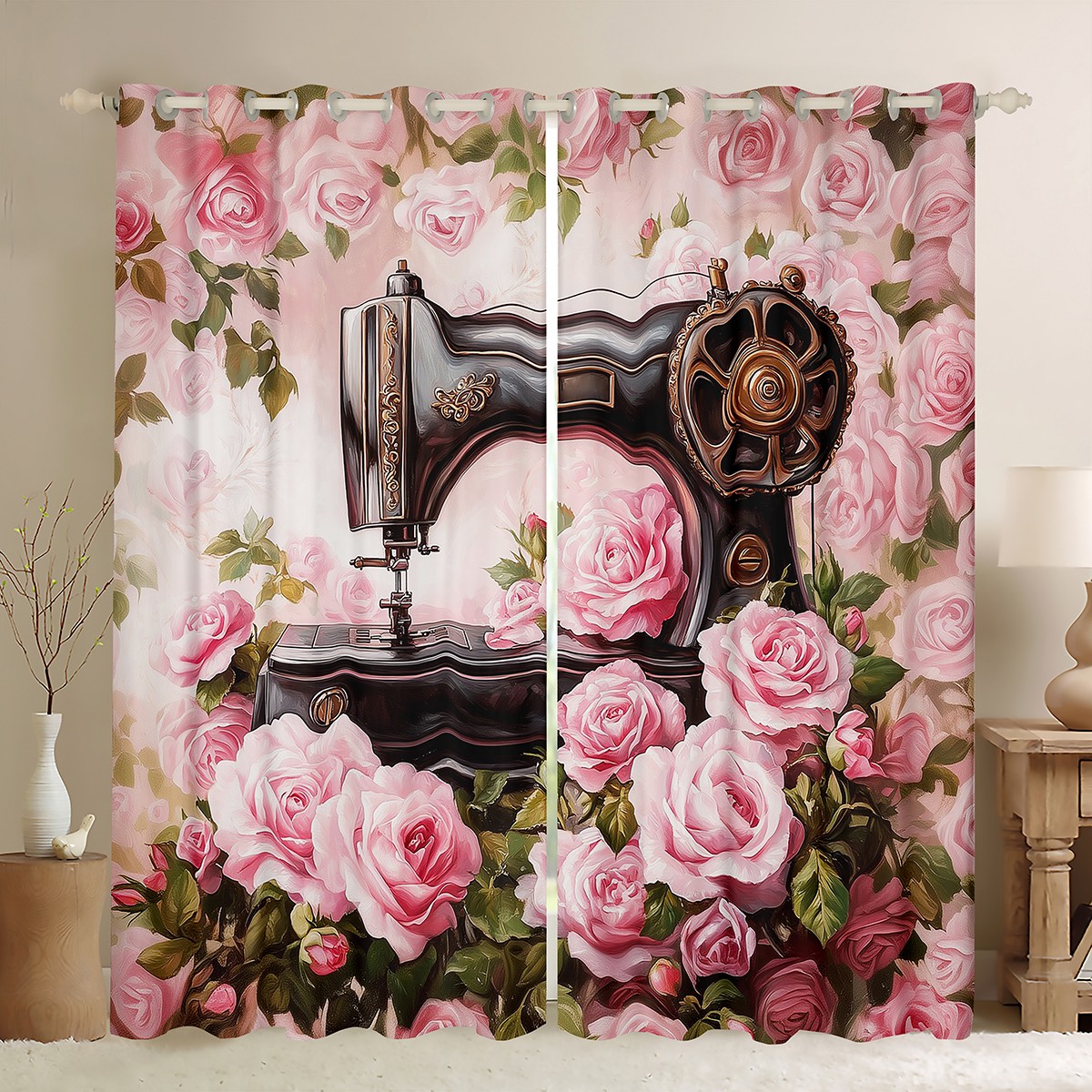 3D Sewing Machine Window Curtains Pink Rose Green Leaves Decor Window ...
