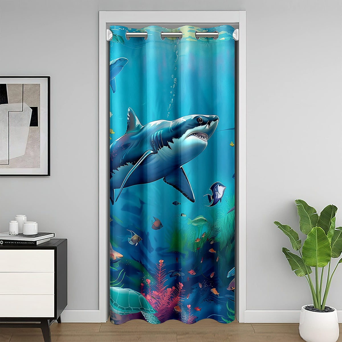 3D Shark 52"W X 80"L Door Drape,Beach Fish Sea Blue Blackout Curtain ...