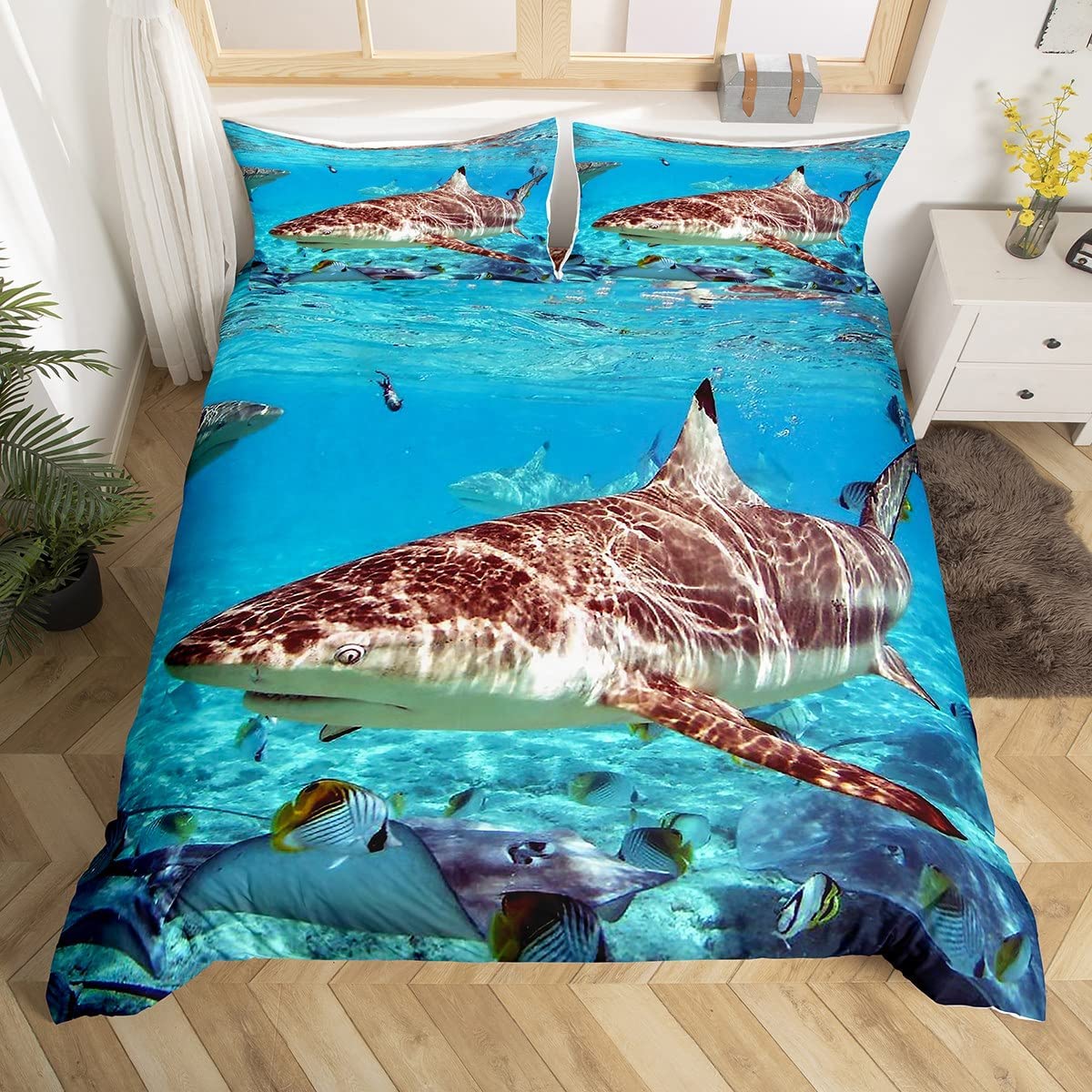 3D Shark Bedding Set Underwater World Fish Comforter Cover, Nautical ...