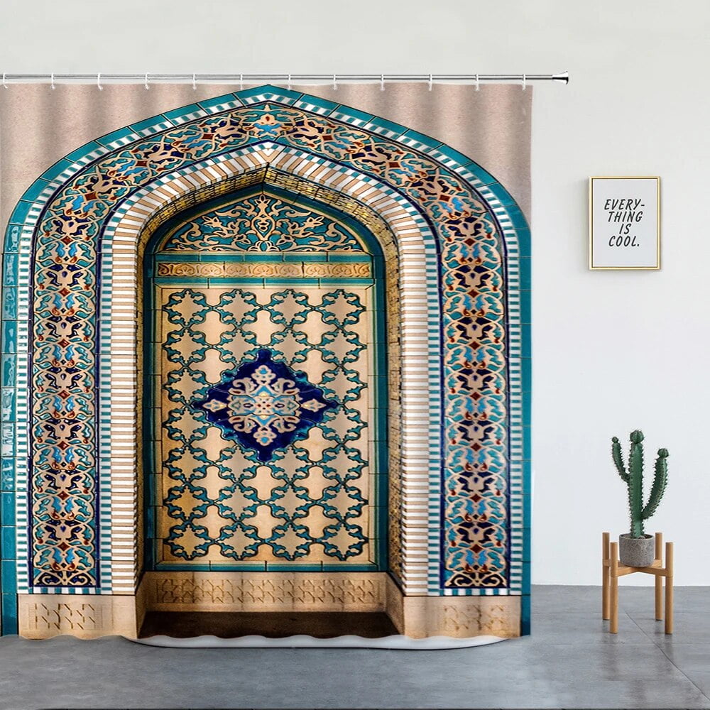 3D Shower Curtain Aged Gate Geometric Pattern Doorway Design Entrance ...