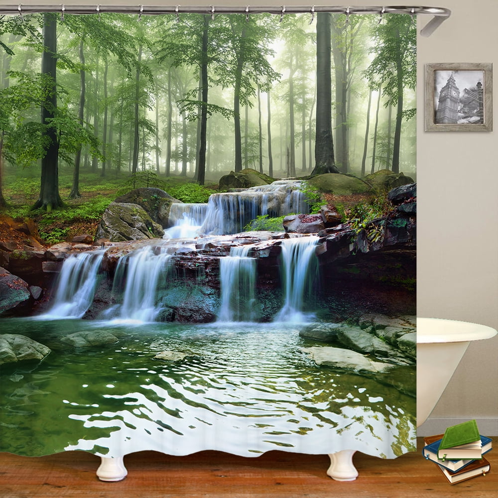 3D Shower Curtain Nature Forest waterfall landscape Bathroom Curtains ...