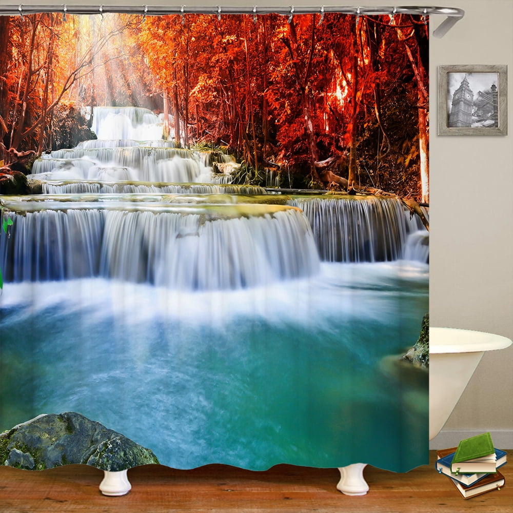 3D Shower Curtain Nature Forest waterfall landscape Bathroom Curtains ...
