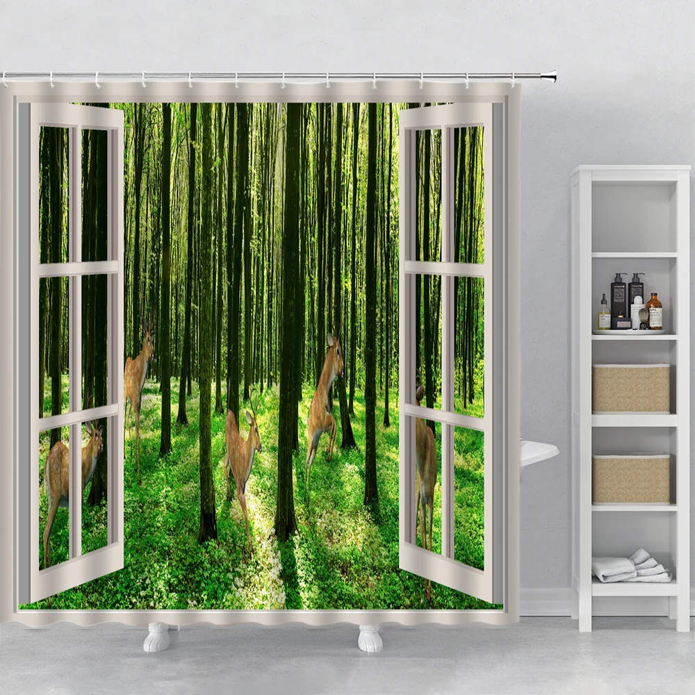 3D Shower Curtain With Forest Scenery Outside The Window Decor ...