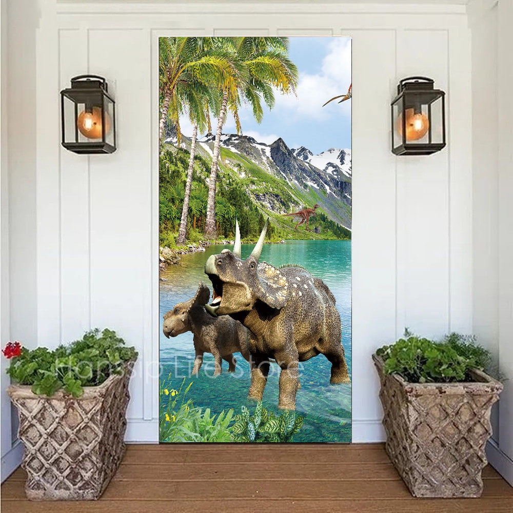 3D Sika Deer Door Sticker Green Nature Flowers and Waterfall Pattern ...