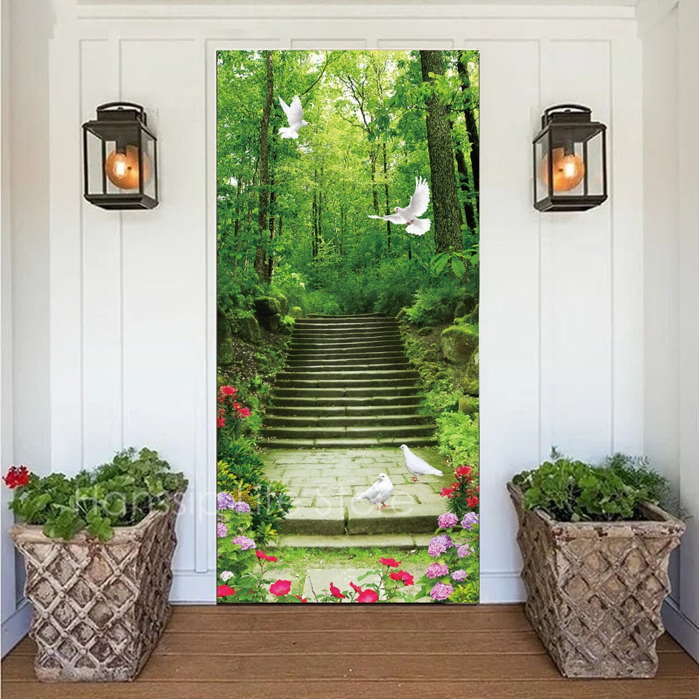 3D Sika Deer Door Sticker Green Nature Flowers and Waterfall Pattern ...