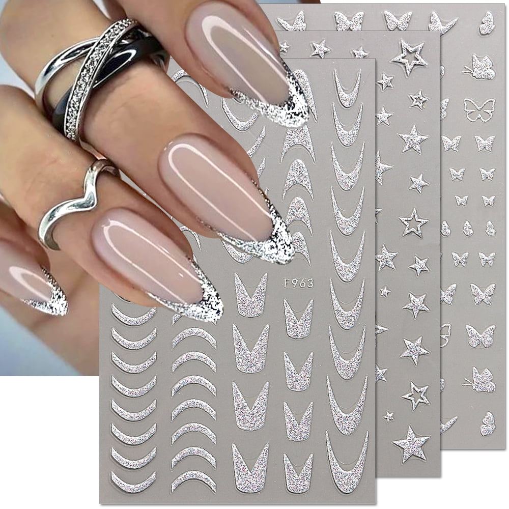 3D Silver Glitter French Nail Sticker, 8 Sheets Heart Butterfly Star ...