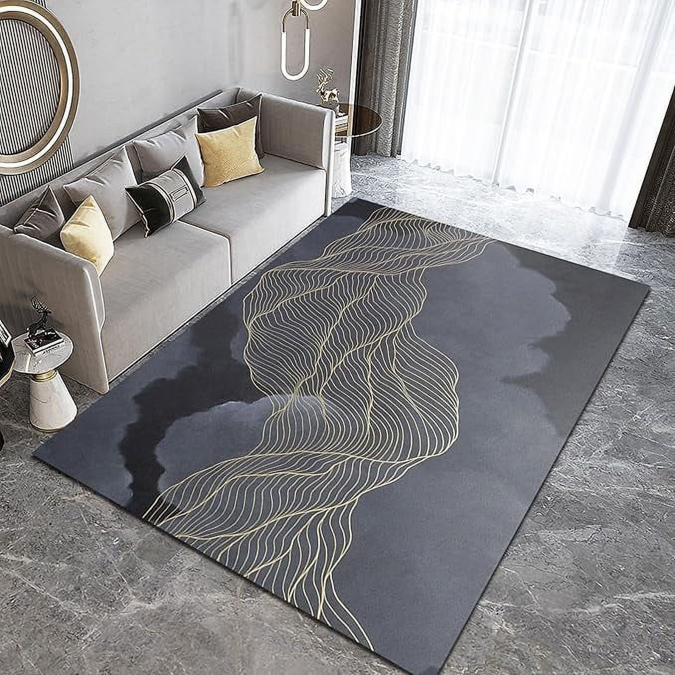 3D Simple Gray Marble Area Rugs, Golden Yellow Spiral Curved Lines ...