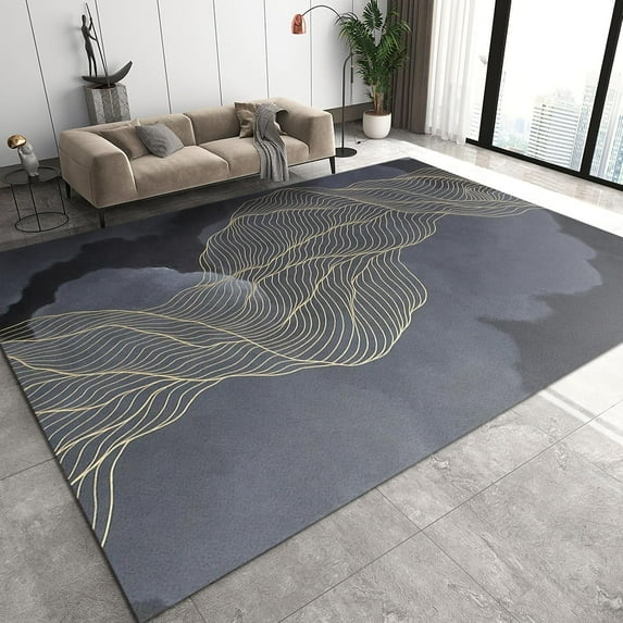 3D Simple Gray Marble Area Rugs, Golden Yellow Spiral Curved Lines ...