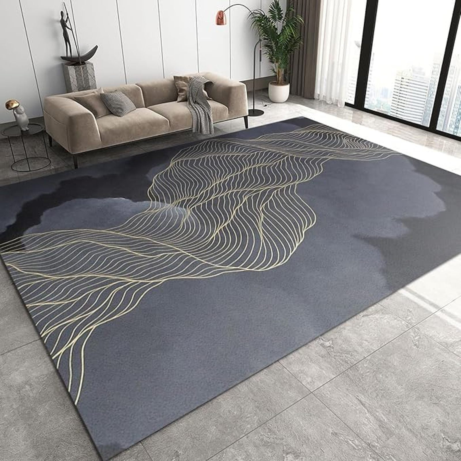 3D Simple Gray Marble Area Rugs, Golden Yellow Spiral Curved Lines ...