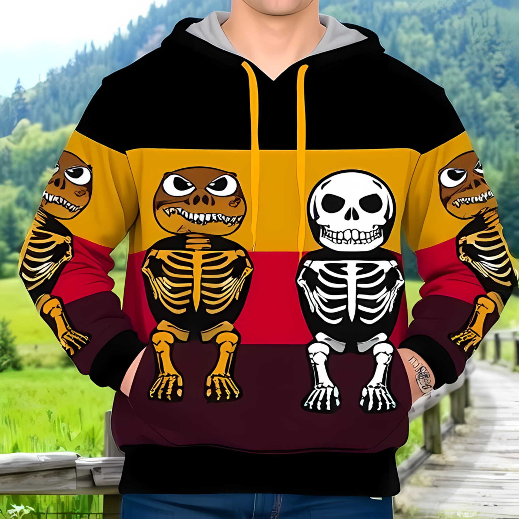 3D Skeleton Creatures Hoodie Black with Colorful Stripes Unique Design ...