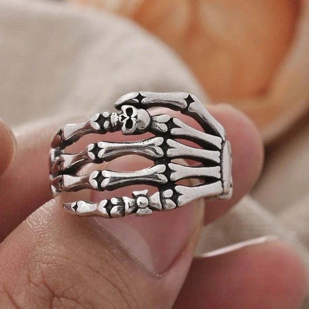 3D Skeleton Hand Adjustable Ring Silver Gothic Dual Skull Grabbing ...