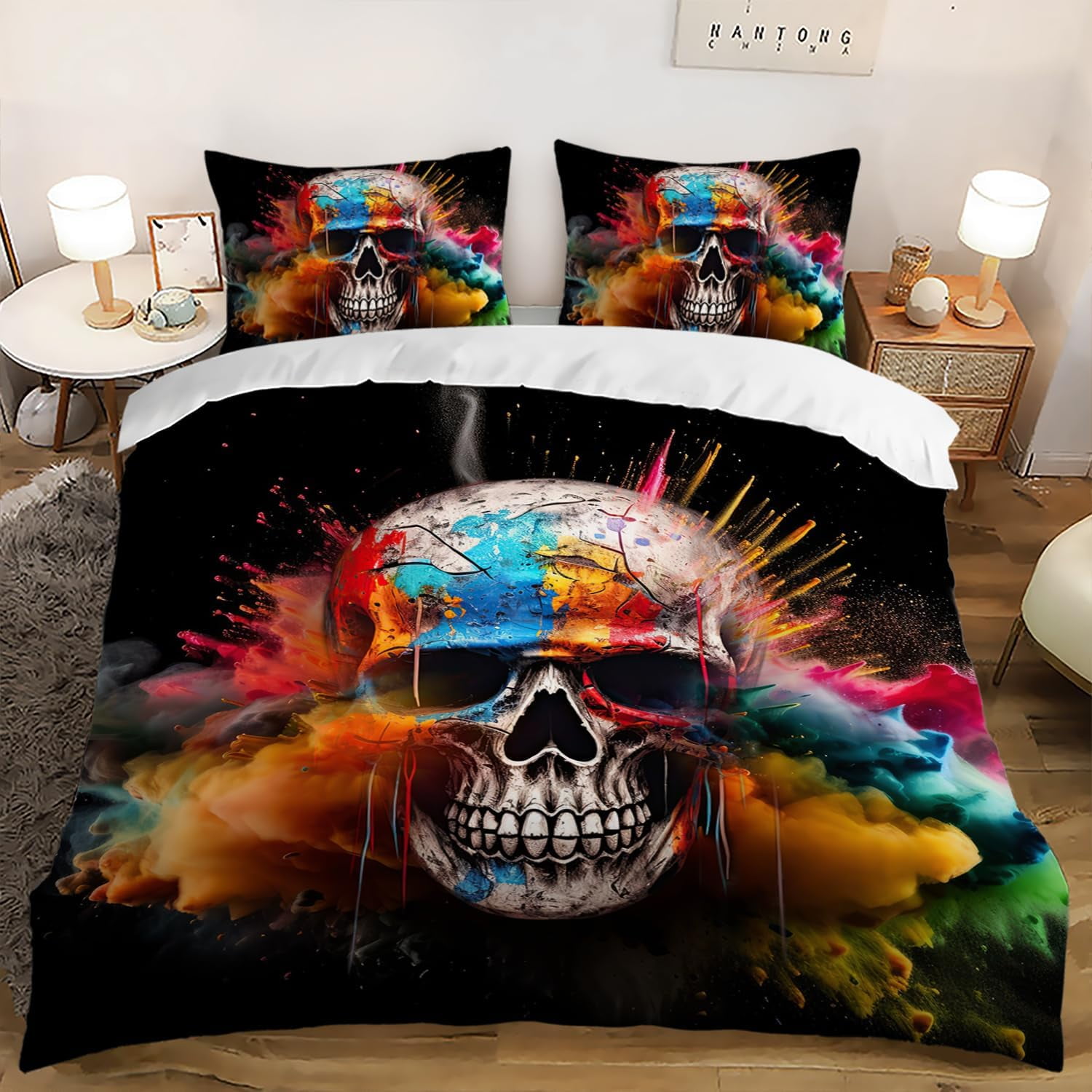 3D Skull Duver Cover Set, Colorful Inkjet Bones Bedding Set for Kids ...