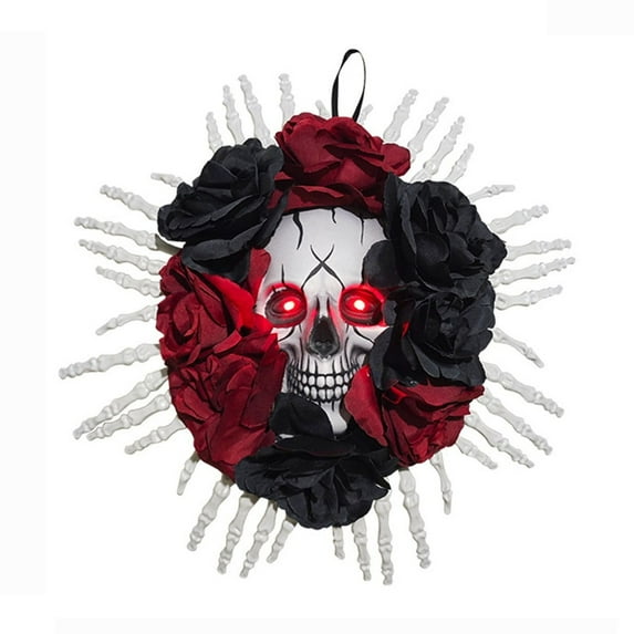 3D Skull Halloween Wreath with Red Led Eyes, Red & Black Roses, White ...