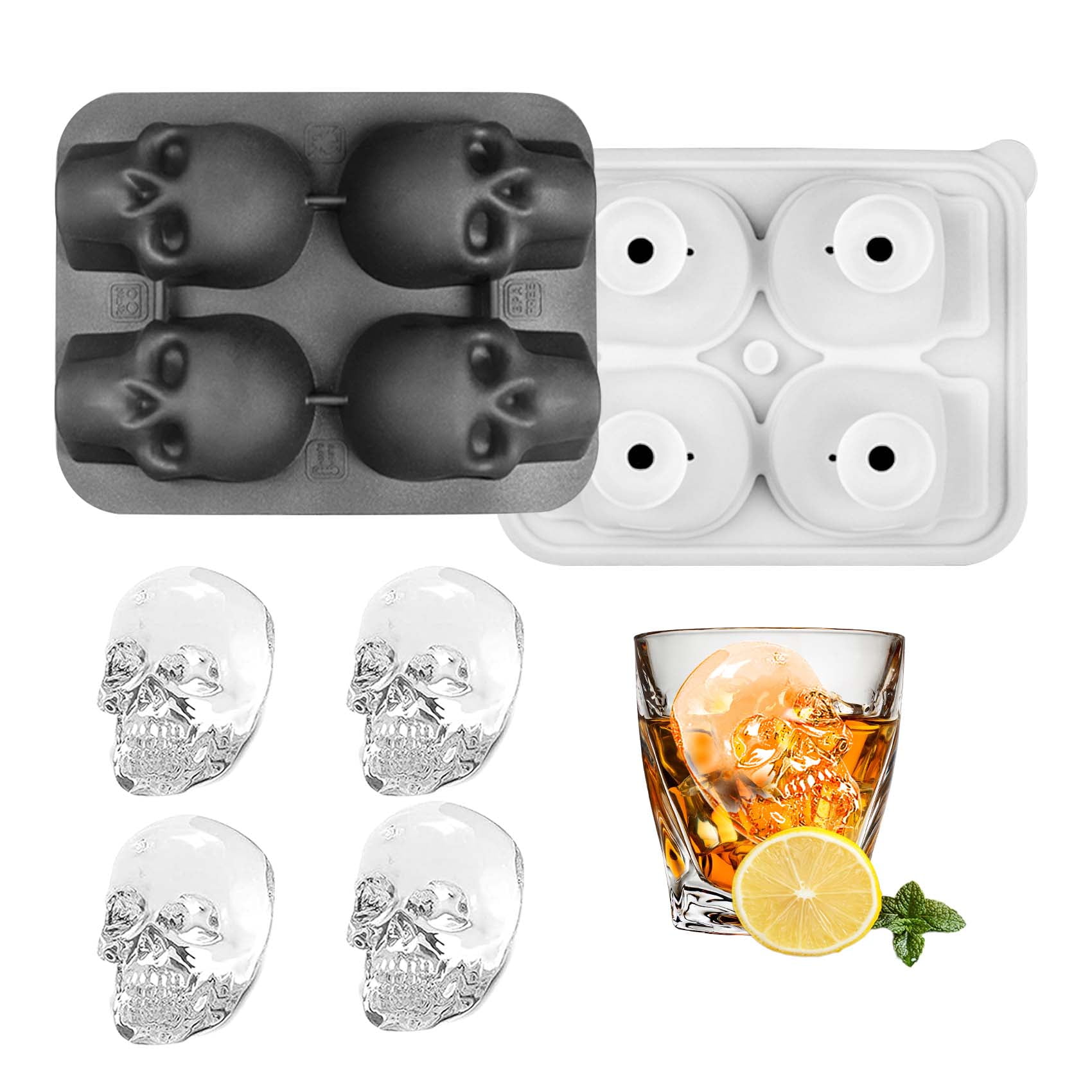 3D Skull Ice Cube Tray - 4-Cavity Silicone Mold for Whiskey, Cocktails ...