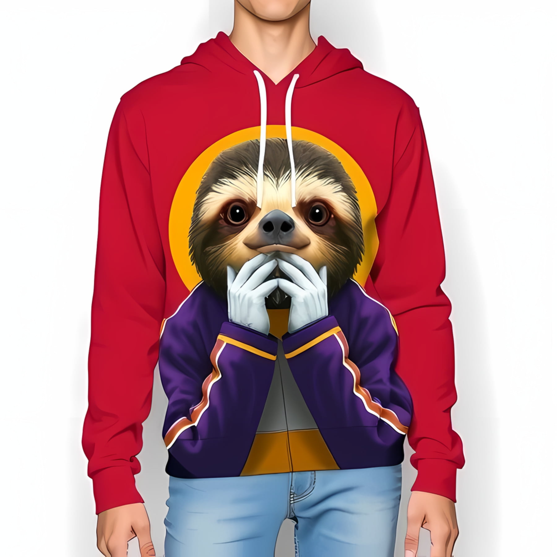 3D Sloth Hoodie Bright Red with Surprised Sloth in Purple & Yellow ...