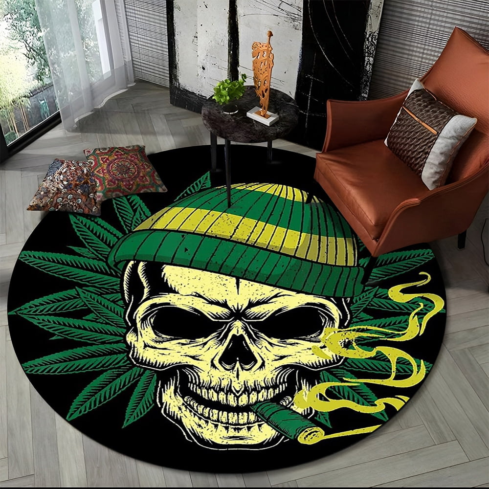3D Smoke Maple Weed Plants Green Death Skull Round Carpet Rug for ...