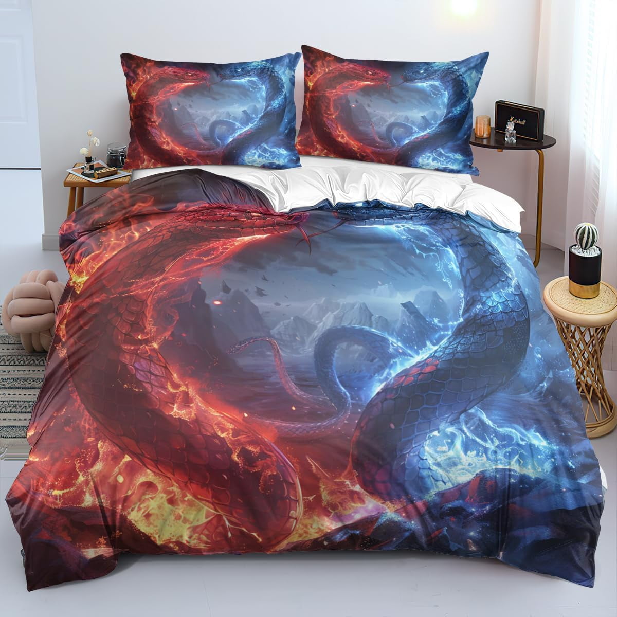 3D Snake Duvet Cover Red Blue Monster Comforter Cover Flames Mountain ...