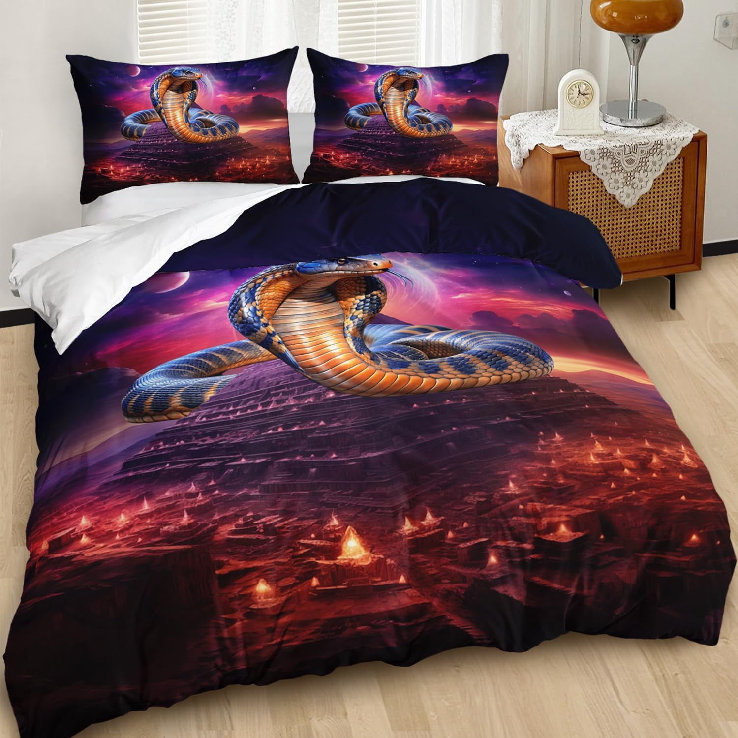 3D Snake Duvet Cover Set, Red Galaxy Starry Retro Pyramid Cobra Snake ...