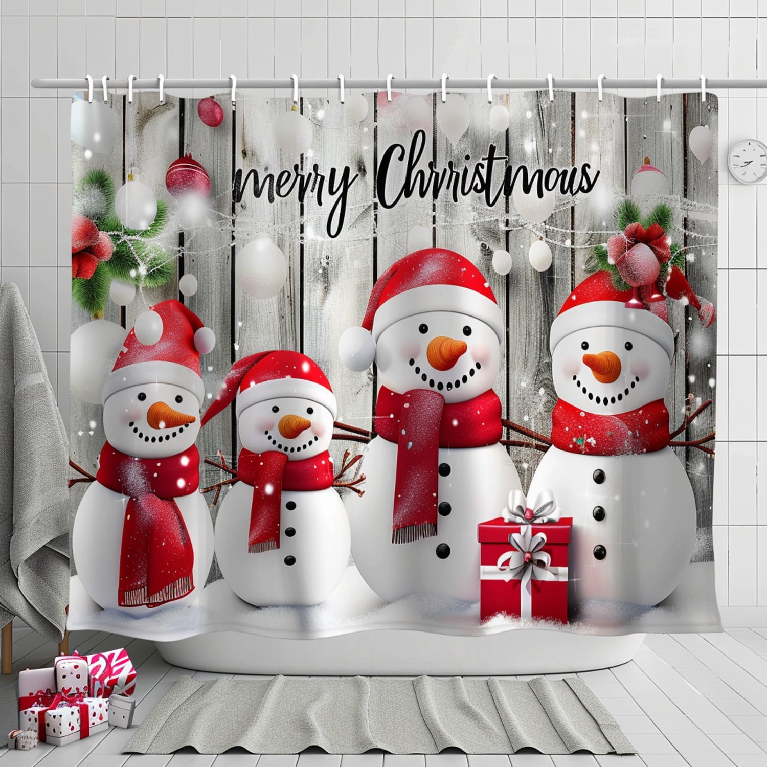 3d Snowman Christmas Shower Curtain Set Cute Cartoon Style Bathroom