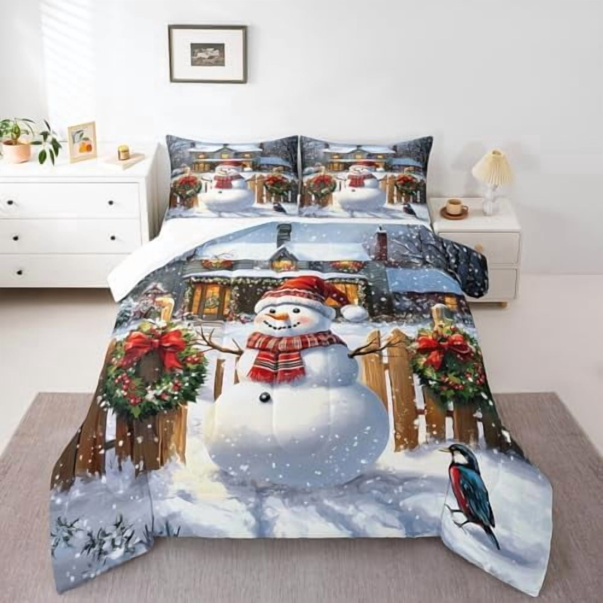 3D Snowman King Size Comforter Set,Kids Snowhouse Decor All Season ...