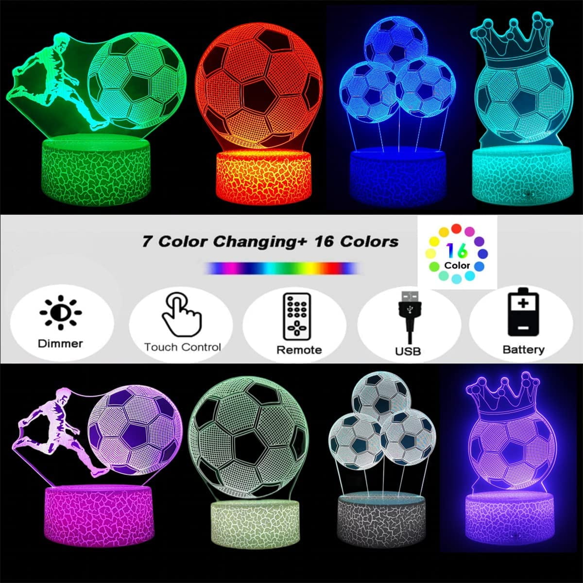 3D Soccer Night Light, 4 Patterns 3D Hologram Illusion Lamp, Dimmable ...