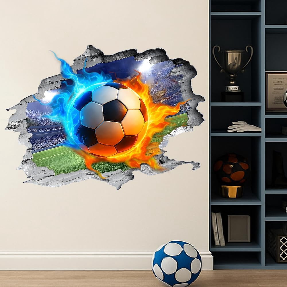 3D Soccer Wall Sticker Flame Football Wall Decals Breaking The Walls ...