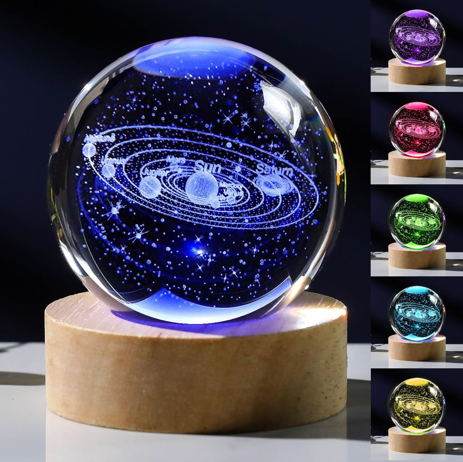 3D Solar System Crystal Ball with LED Colorful Lighting Touch Base ...