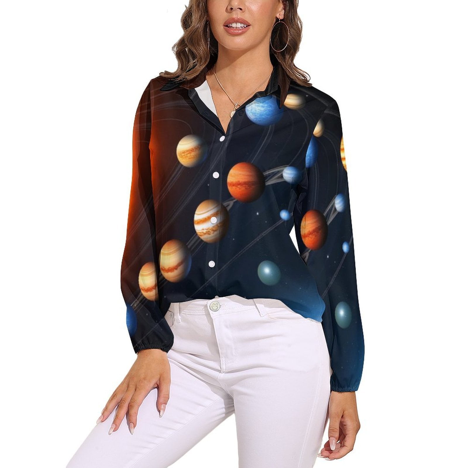 3D Solar System Space Planet-2 Long Sleeve Blouse Woman Streetwear ...