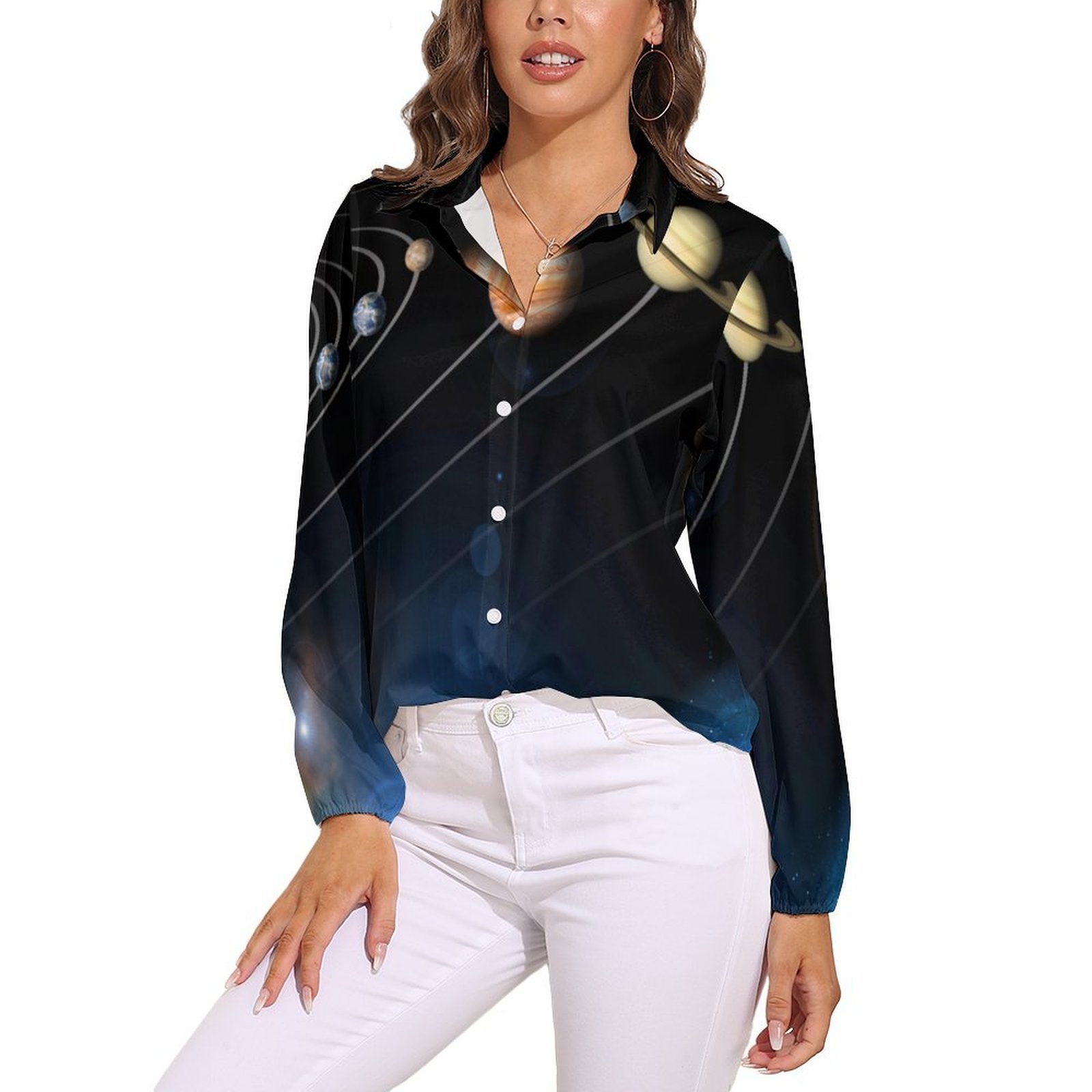 3D Solar System Space Planet Long Sleeve Blouse Woman Streetwear Casual ...