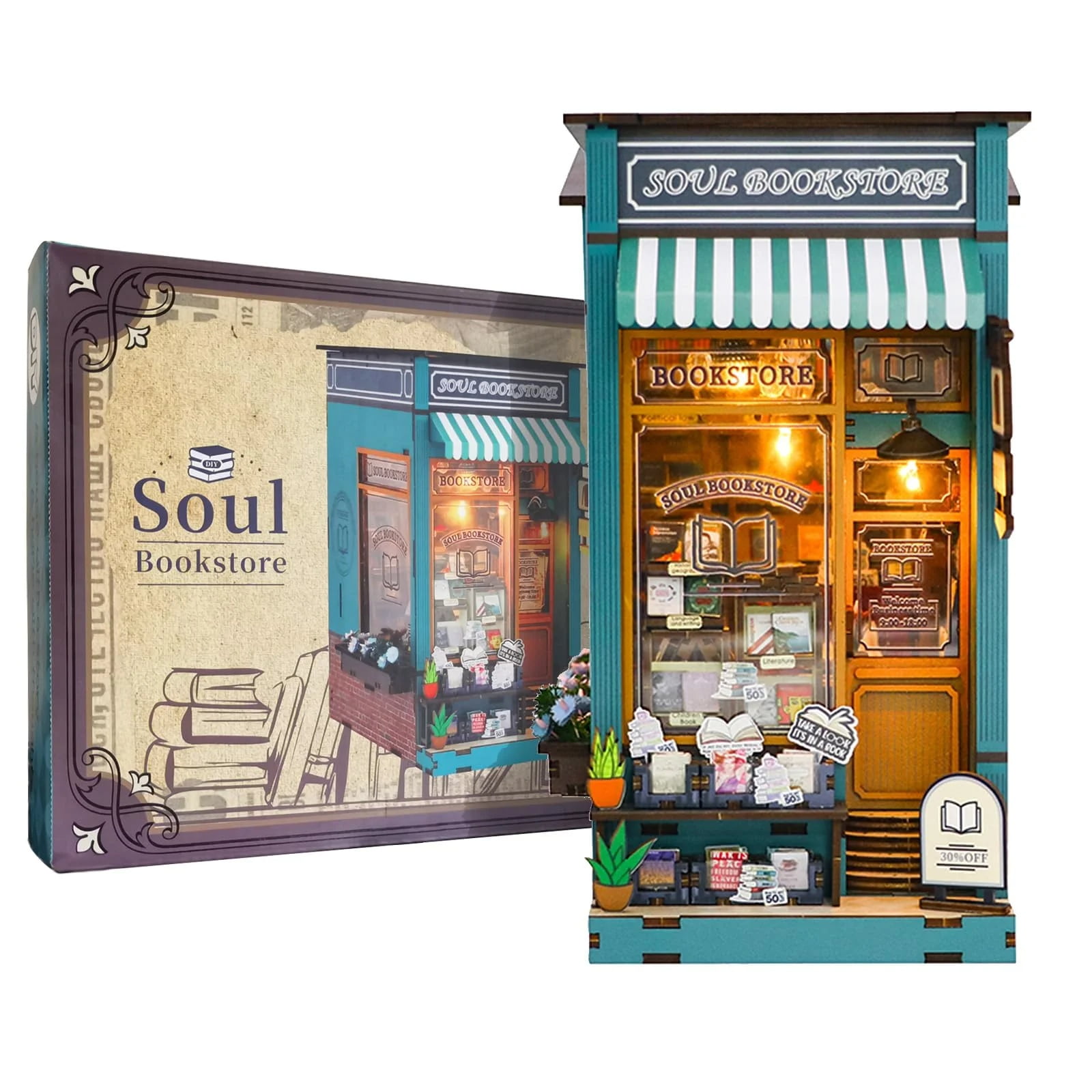 3D Soul Bookstore Puzzle Toys Wooden Book Nook LED Light Dollhouses ...