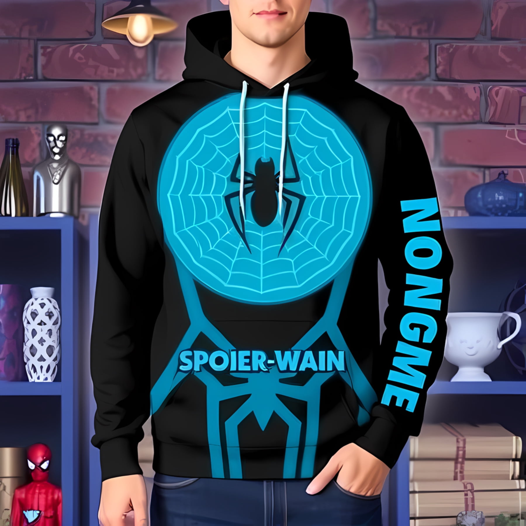 3D Spider Web Hoodie with Vibrant Blue Spider Graphic & 'SPOILER-WAIN ...