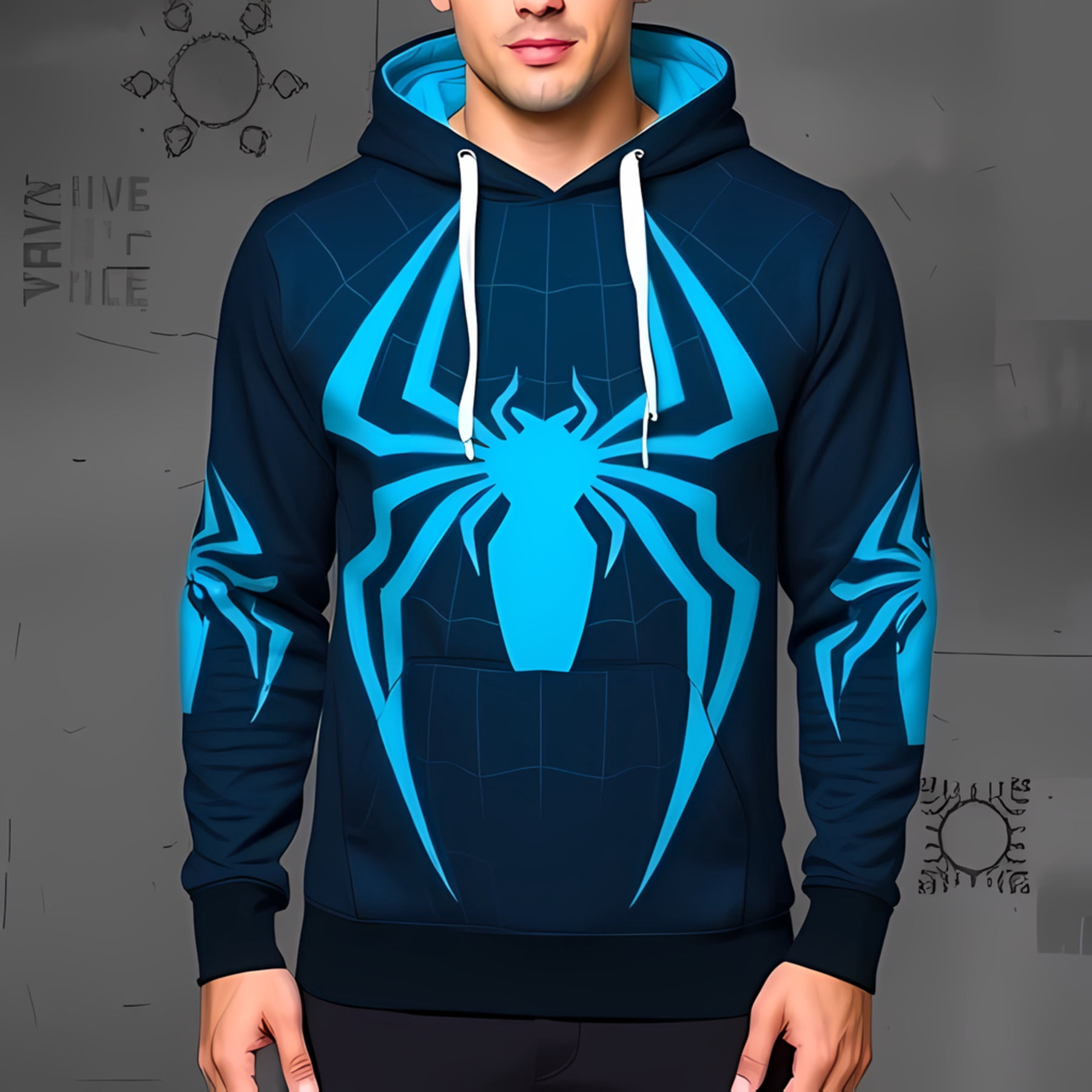 3D Spiderweb Design Hoodie for Men Dark Blue with Bright Blue Spider ...