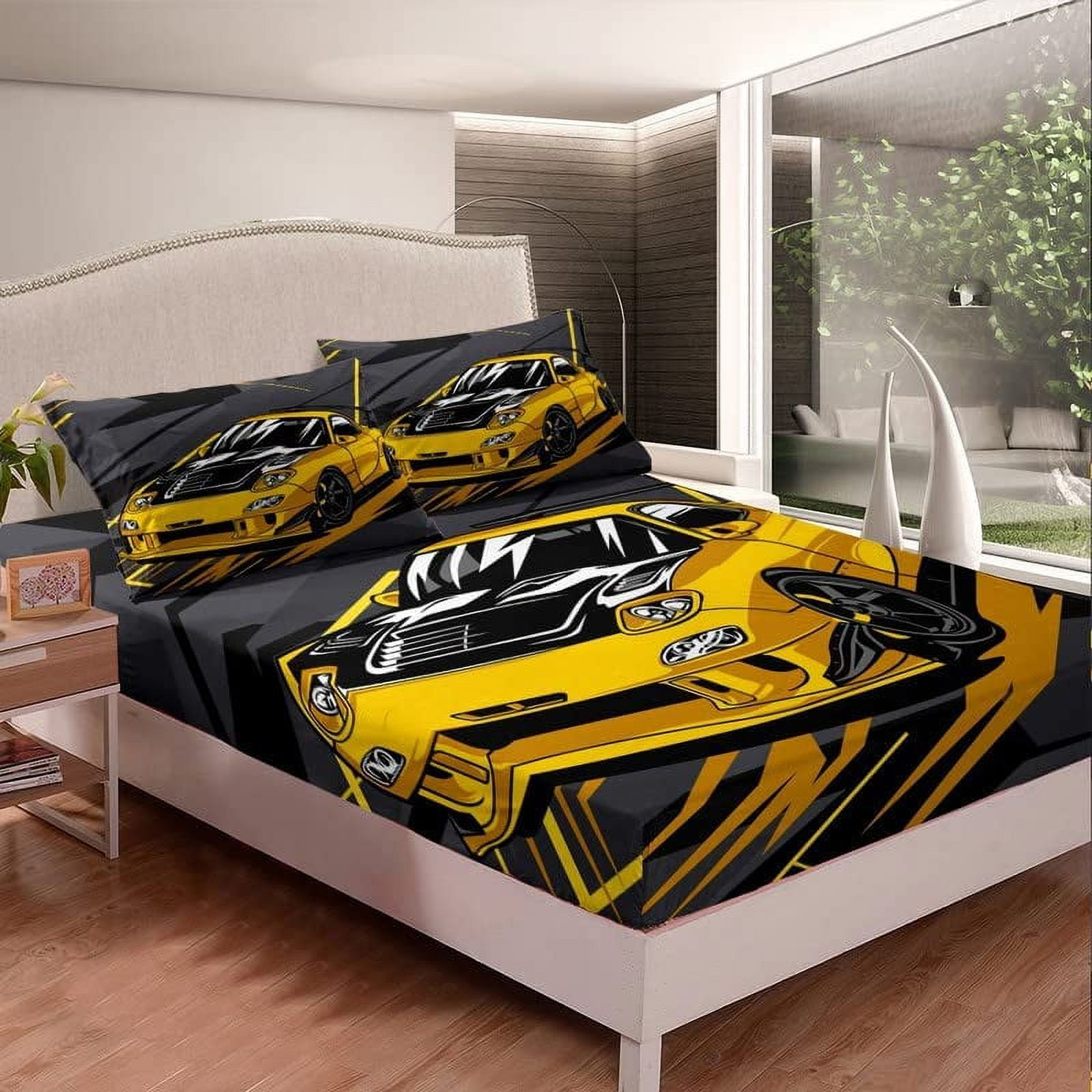 3D Sports Car Fitted Sheets Full Blue Race Car Geometric Neon Triangles ...