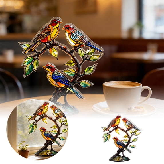 3D Stained Birds on Branch Desktop Ornaments, Multicolor Acrylic Bird ...