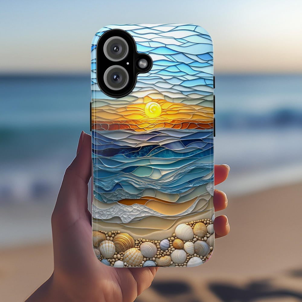 3D Stained Glass Summer Beach Sunset Seashell Phone Case with iPhone 17 ...