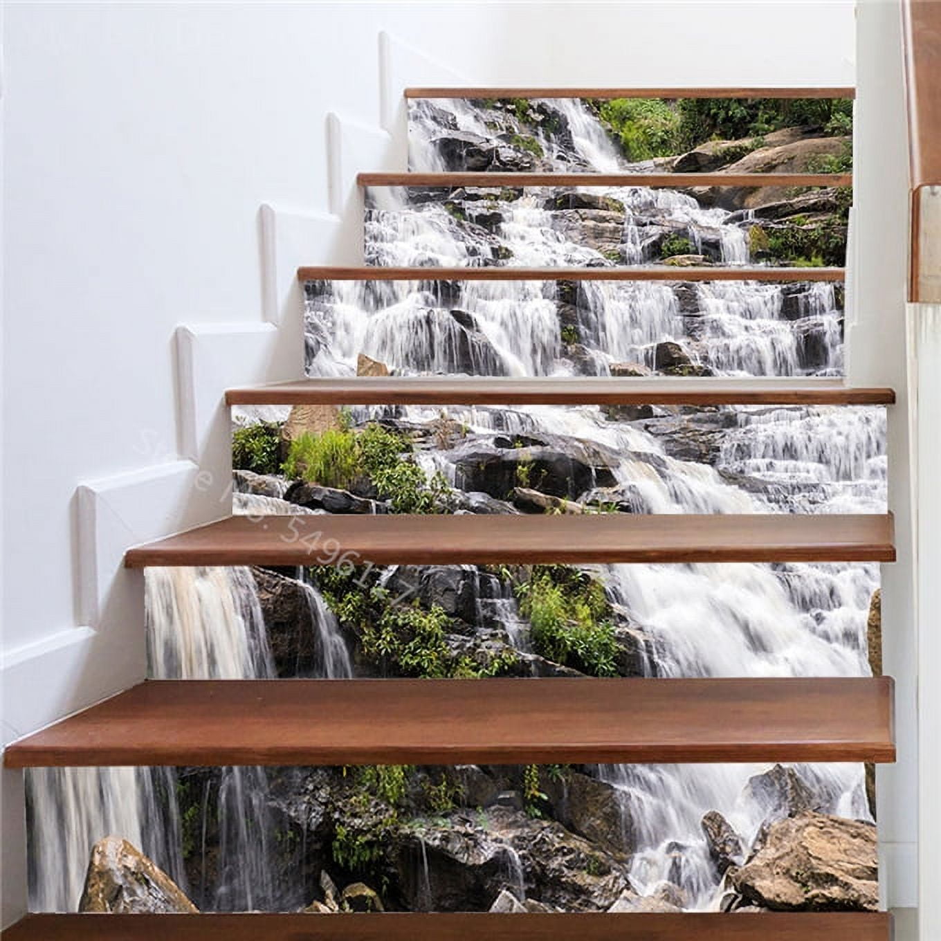 3D Stairs Stickers Flowing Water Waterfall Scenery Steps rative Decals ...