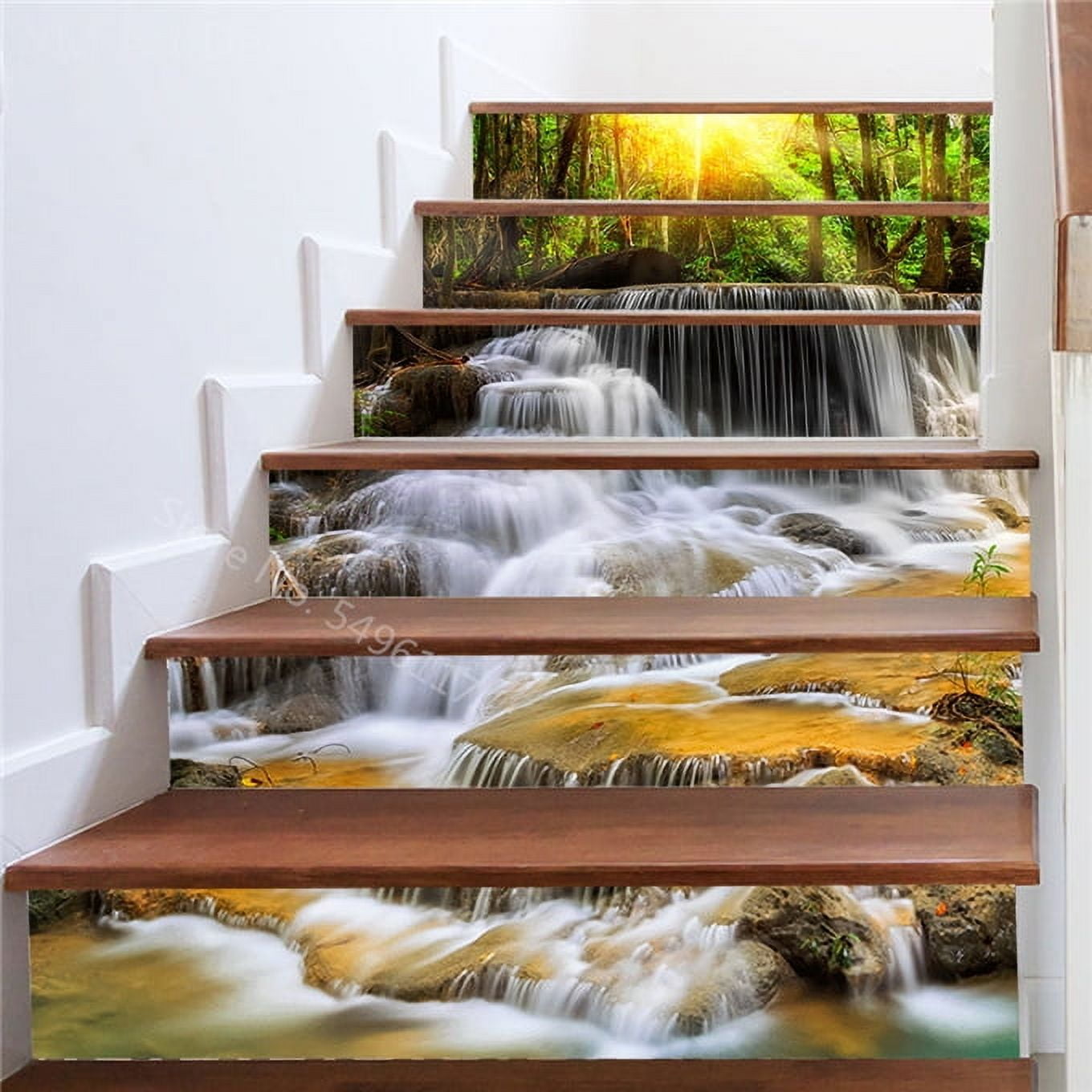 3D Stairs Stickers Flowing Water Waterfall Scenery Steps rative Decals ...