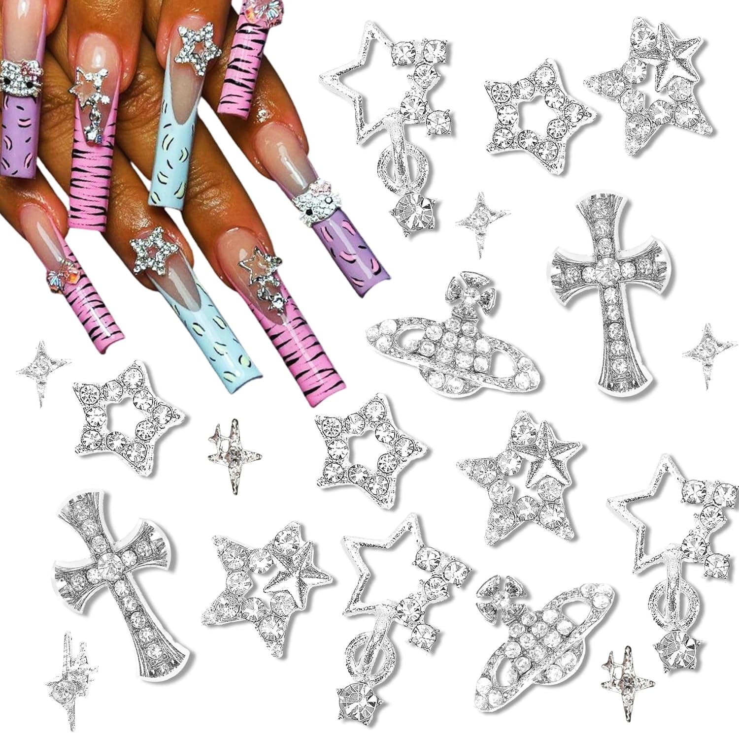 3D Star Nail Charms Kit - 42PCS Y2K Silver Rhinestones & Crystal ...