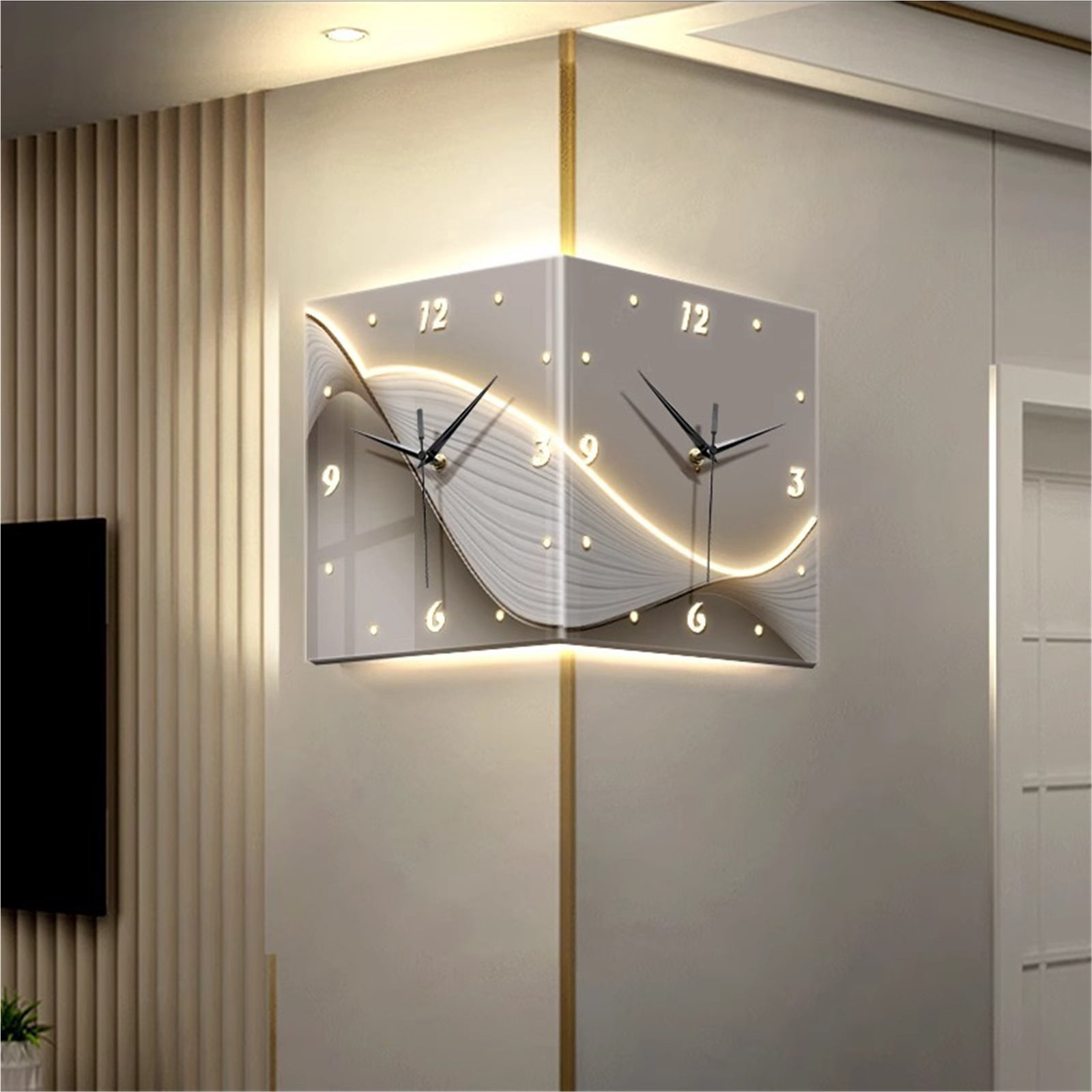 3D Stereo Corner LED Wall Clock, Modern Double-Sided Light-Up Decor for ...