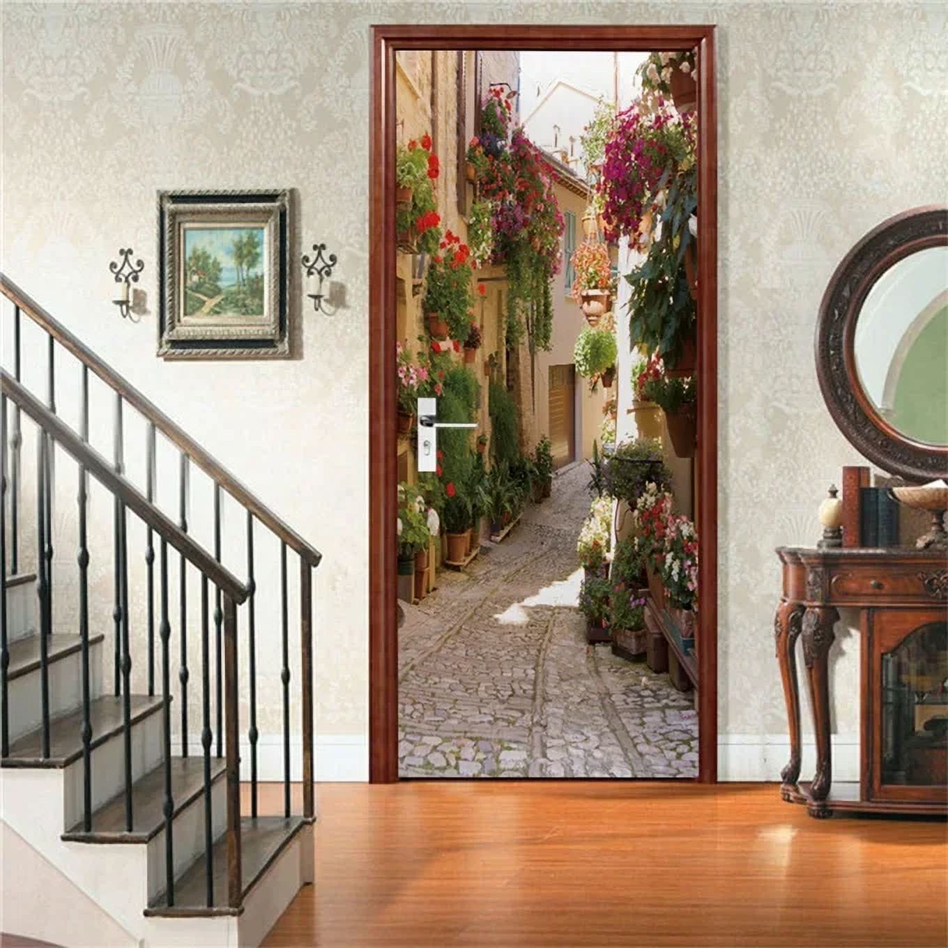 3D Street Scenery Door Stickers City Alley Floral Landscape Wallpaper ...