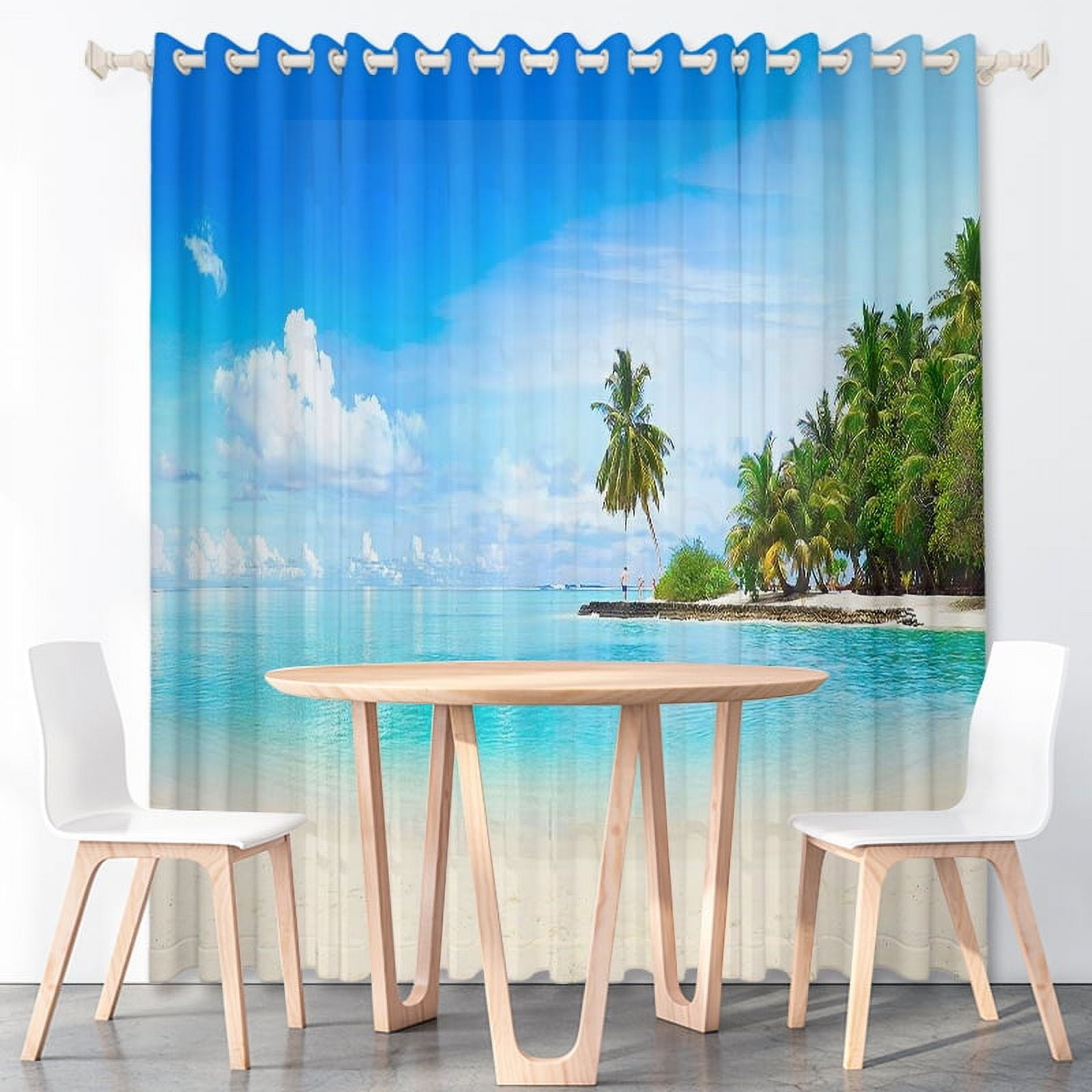 3D Summer Ocean Beach Vaion Curtains Coconut Trees Ocean Waves Blue Sky ...
