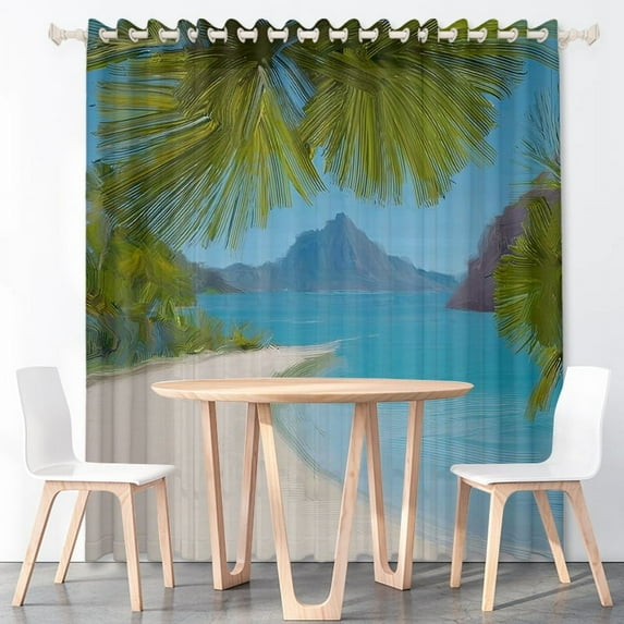 3D Summer Ocean Beach Vaion Curtains Coconut Trees Ocean Waves Blue Sky ...