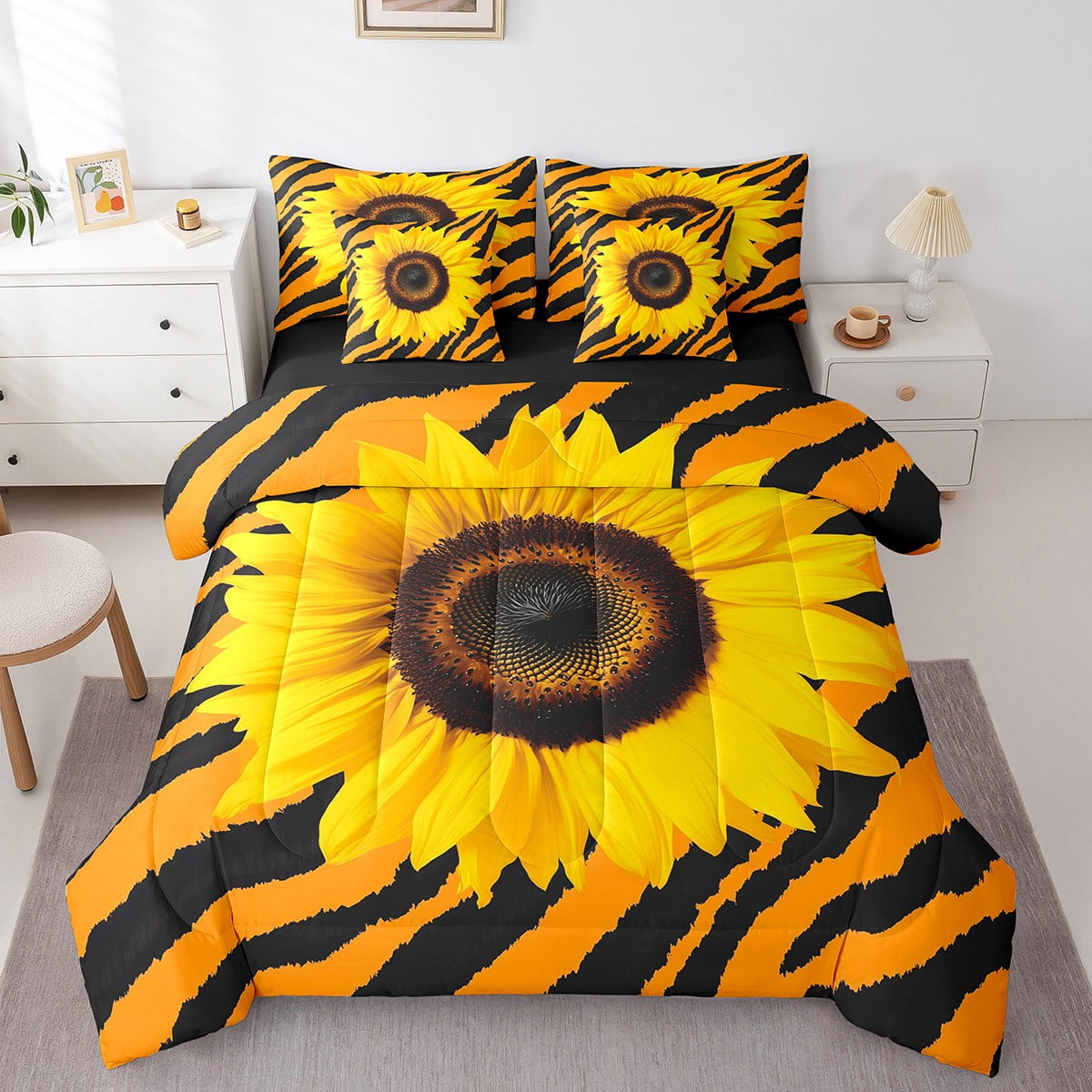 3D Sunflower Comforter Set,Yellow Sunflower Floral Bedding Set,Tiger ...