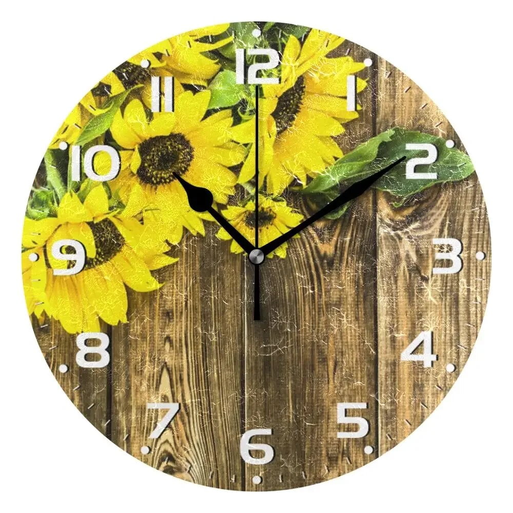 3D Sunflowers Vintage Wood Print Round Wall Clock Silent Wall Watch ...