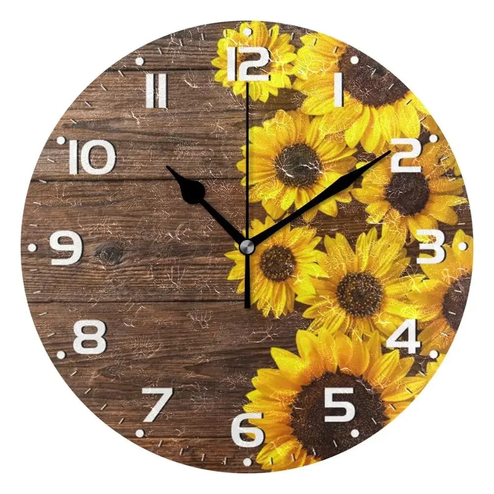 3D Sunflowers Vintage Wood Print Round Wall Clock Silent Wall Watch ...
